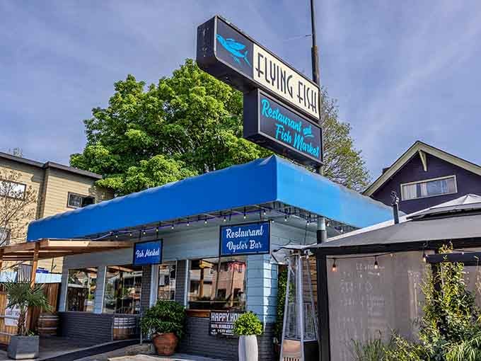 That bright blue awning isn't just for show, it's a beacon guiding you to seafood salvation in Portland.