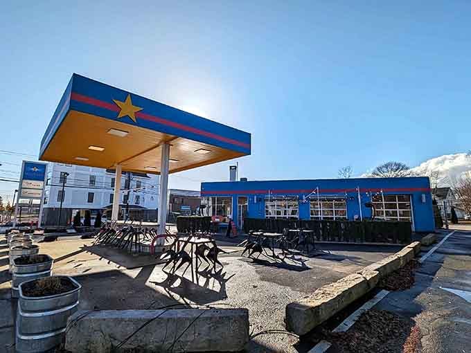 That gas station canopy now shelters taco lovers instead of tire kickers, and honestly, it's a much better use of space.