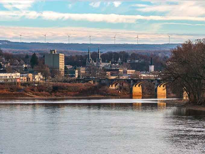 Church spires and historic rooftops create a skyline that proves small towns can have big character and charm.