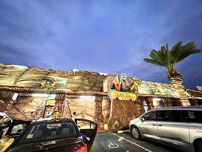 That dramatic storm sky makes this prehistoric facade look like the dinosaurs are about to come alive any second.