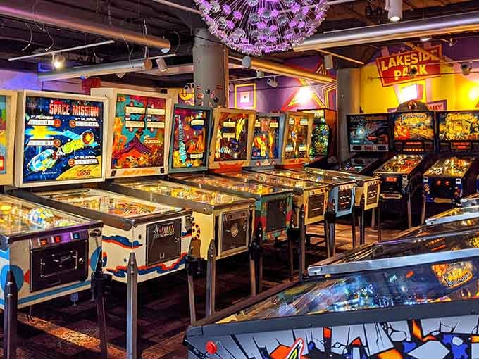 Space Mission and other retro tables line up under exposed ceilings, proving that sometimes the best museums have the lowest admission requirements.