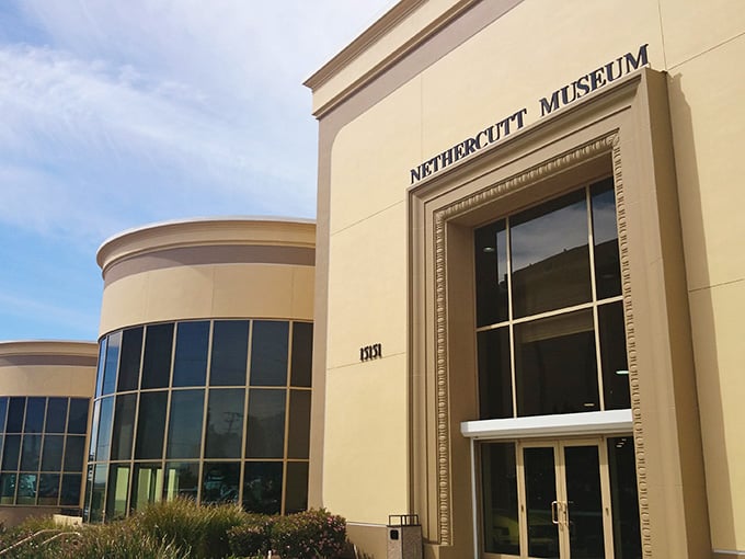 The Nethercutt Museum's elegant facade promises treasures within, like finding Willy Wonka's factory for car enthusiasts instead of candy lovers.