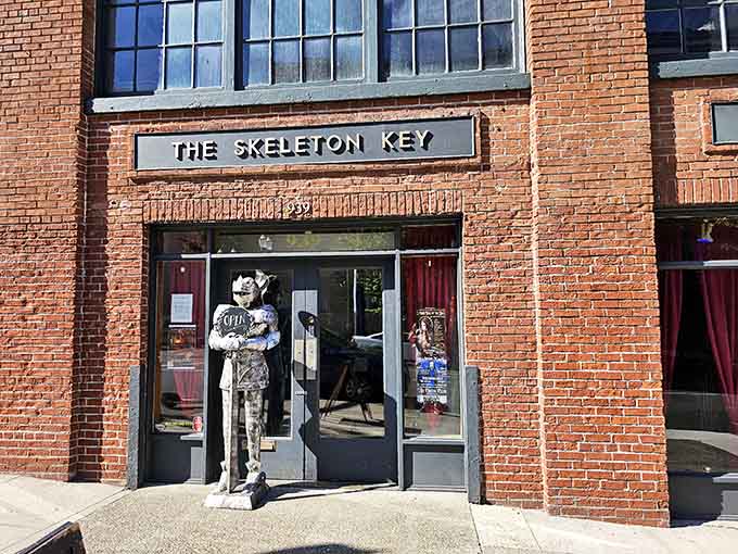 The brick facade and skeleton greeter make it clear: normal retail has left the building entirely.
