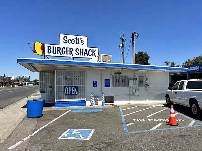 The blue trim and simple design prove you don't need fancy decor when you're serving legendary burgers.