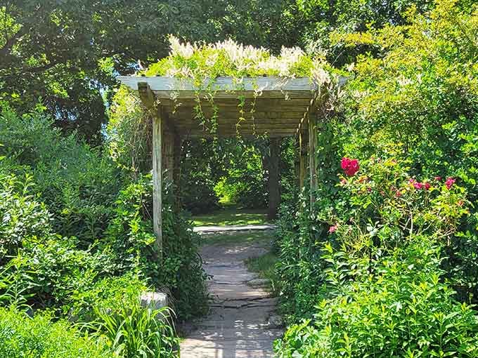 That wisteria-draped pergola beckons you forward like nature's own doorway to somewhere infinitely more peaceful than wherever you just came from.