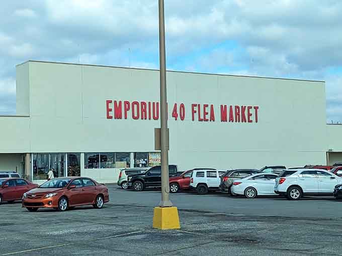 That bold red lettering isn't just a sign, it's a beacon calling bargain hunters from across the Hoosier State.
