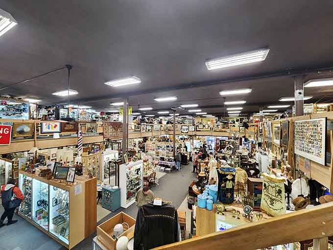 Explore multiple levels of this massive shop, where countless glass cases and shelves are filled with unique, vintage treasures.