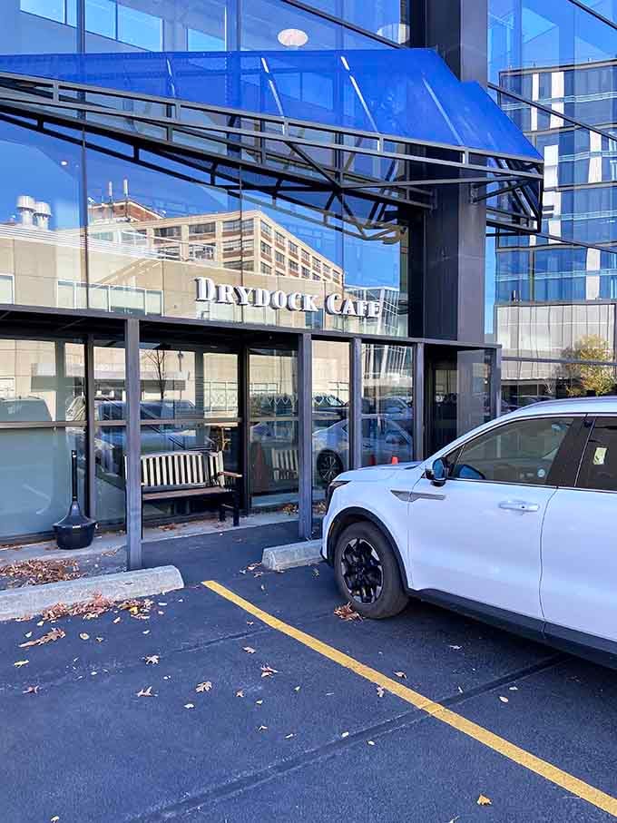 That distinctive blue awning marks the entrance to your next favorite lunch spot in Boston's Seaport District.