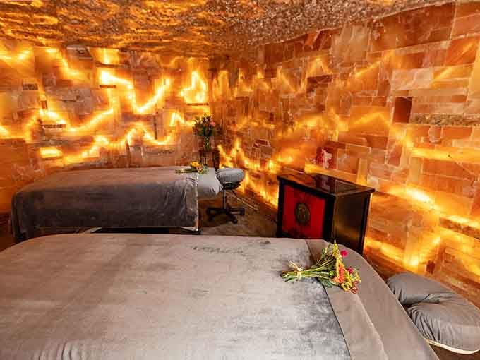 Step inside what looks like a geode designed specifically for human relaxation, complete with massage tables and ambient lighting.