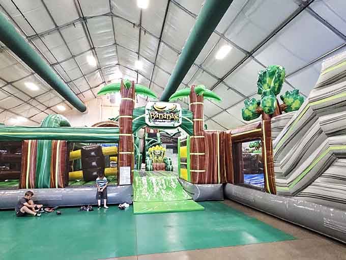 This indoor jungle gym setup proves that Bananas Fun Park takes its tropical theme seriously, palm trees and all.