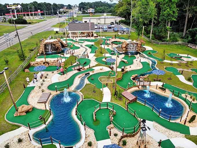 This aerial view reveals a mini golf paradise that looks more like a resort than a putting course.