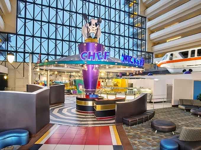 That purple glow and colorful flooring aren't just decor, they're your first hint that breakfast here means business.