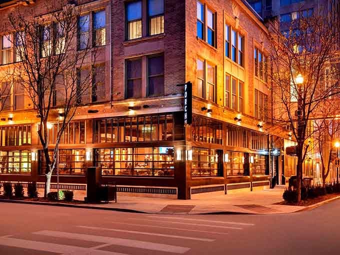 Porch Kitchen & Bar glows like a beacon for hungry souls wandering Louisville's streets at night.