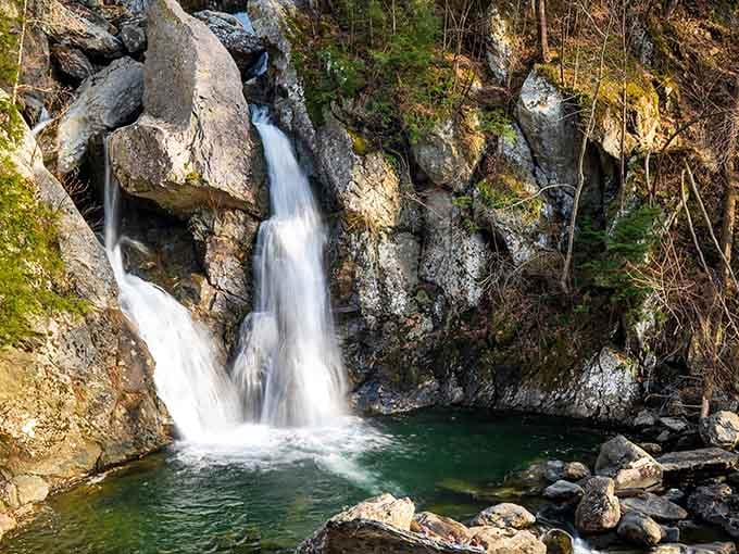 Massachusetts' tallest waterfall splits around ancient boulders like nature's own choose-your-own-adventure story.