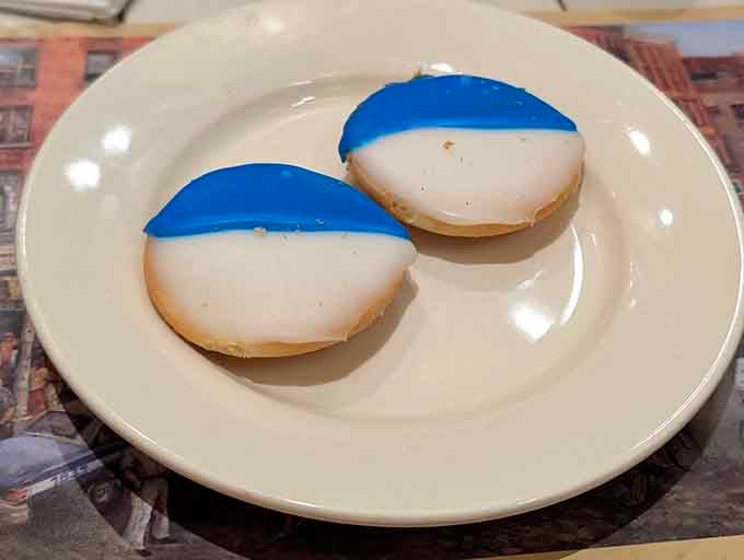 These blue and white cookies are New York icons, representing the eternal dessert debate: frosting first or cake?