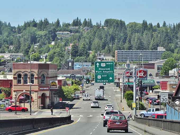 Aberdeen's downtown stretches toward the harbor, a working town where real people live actual lives without pretension.
