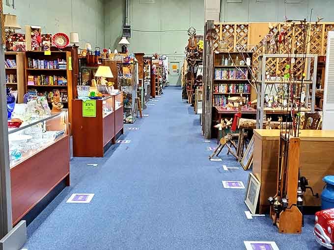 Wide aisles invite leisurely browsing without the claustrophobia of cramped antique shops from your nightmares past.