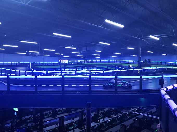 Those illuminated barriers glow like something from a sci-fi film, making safety look absolutely spectacular here.