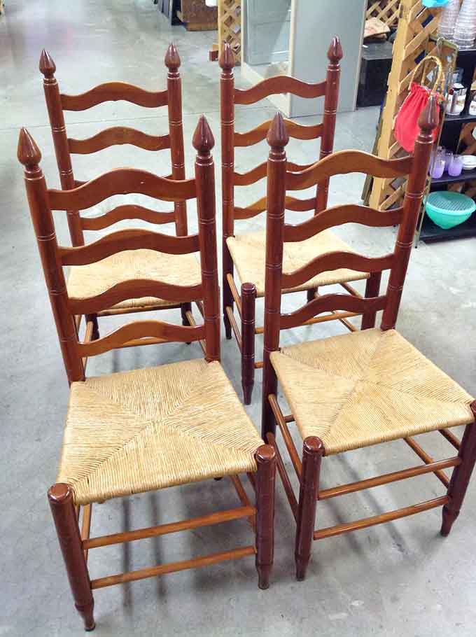 Ladder-back chairs with woven seats that are either charming vintage finds or your grandmother's actual dining room set.