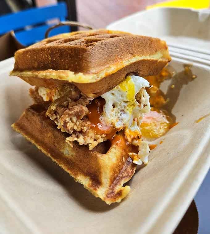 When chicken meets waffle in holy matrimony, breakfast and lunch shake hands and everyone wins at mealtime.