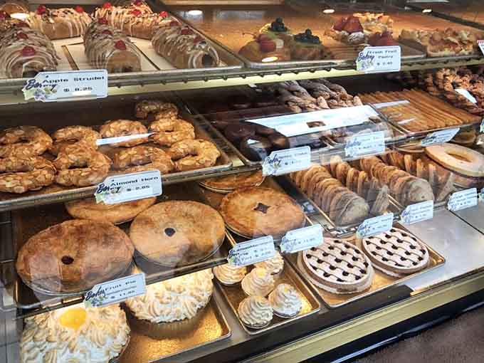 The pastry case showcases everything from almond croissants to fruit tarts, each one practically begging to come home with you.