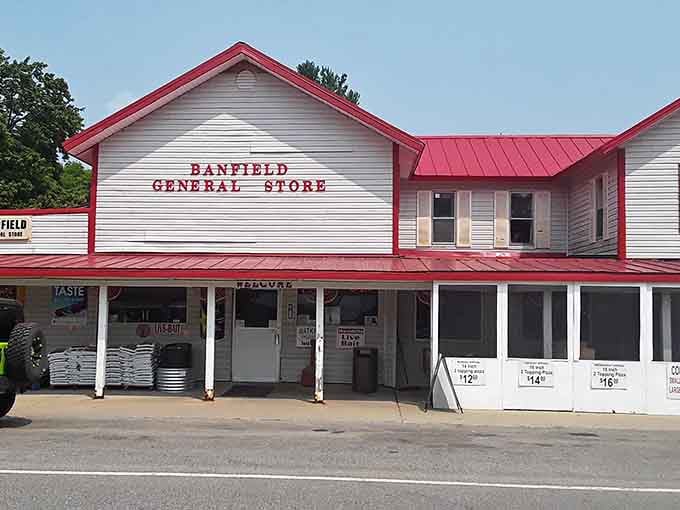 The bright red roof against white siding makes this place impossible to miss from the highway.