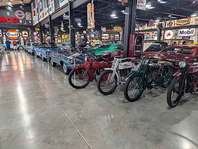 Vintage bikes and hot rods sharing space creates the kind of automotive diversity that makes every enthusiast happy.