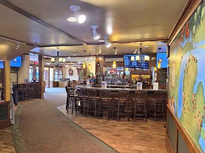 The bar area gleams with polished wood and promises of German beers that pair perfectly with hearty cuisine.