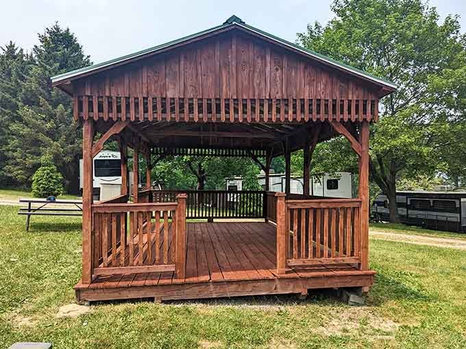 A covered pavilion stands ready for gatherings, offering shade and shelter when Pennsylvania weather gets moody and unpredictable.