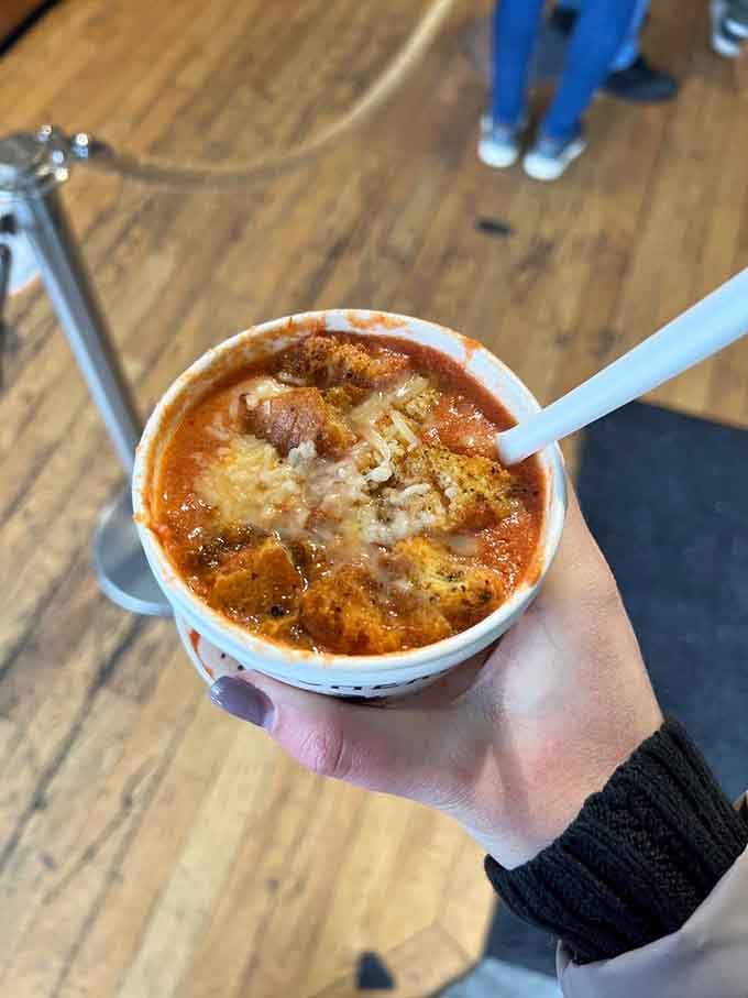 Tomato soup topped with melted cheese and breadcrumbs turns comfort food into something almost transcendent and soul-warming.