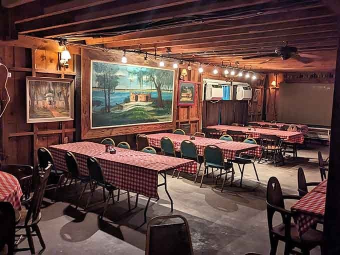 The lower level dining area offers additional seating with the same rustic charm and welcoming vibe throughout.