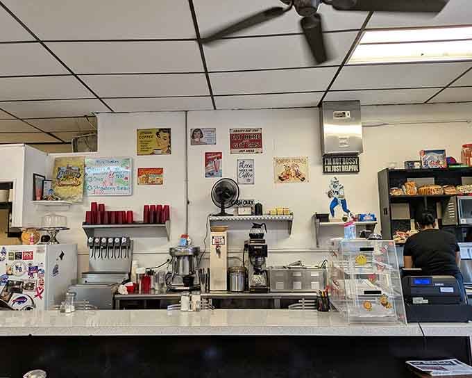The counter area where coffee flows freely and breakfast dreams become delicious, tangible reality every single day.