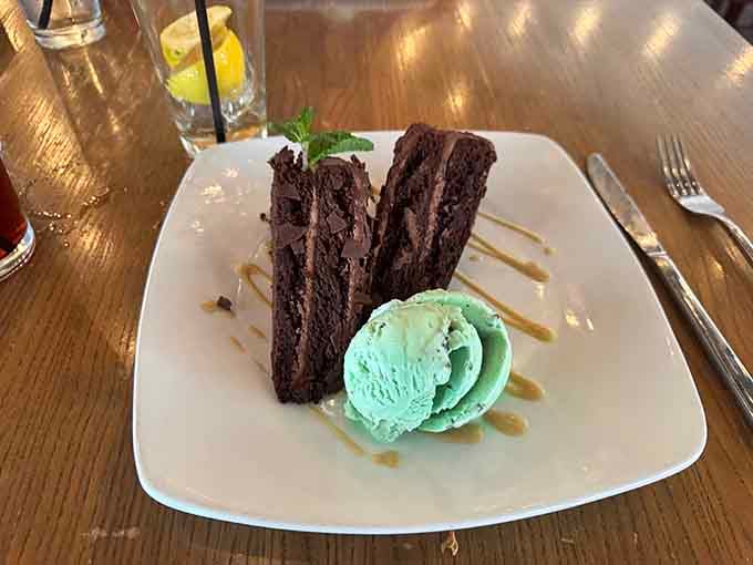 Chocolate cake with mint ice cream is the kind of pairing that makes you wonder why anyone orders anything else.