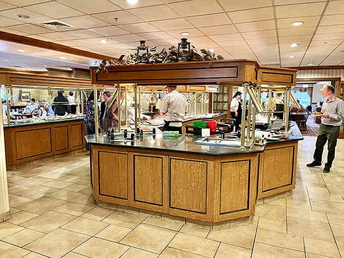 The carved wood buffet stations hold enough food to feed a small army or one very determined diner.