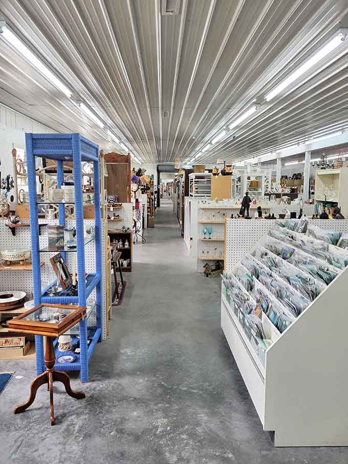 The corrugated ceiling and endless aisles create a treasure hunter's dream stretching as far as eyes can see.