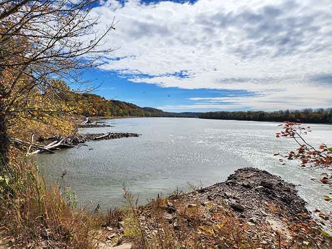 The nearby river reminds you that water does exist, making the landlocked boats even more delightfully absurd.