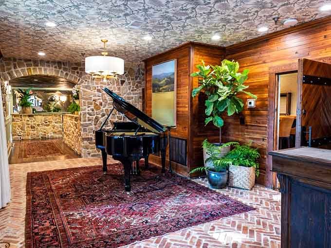 A grand piano waits patiently in the lobby, ready to serenade diners who appreciate live music with their fine dining.