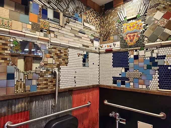 Even the bathroom gets the full artistic treatment because why should any space be boring here?