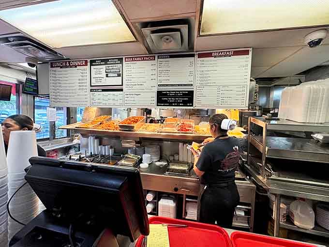The ordering counter displays fresh food under heat lamps, ready to make your comfort food dreams come true.