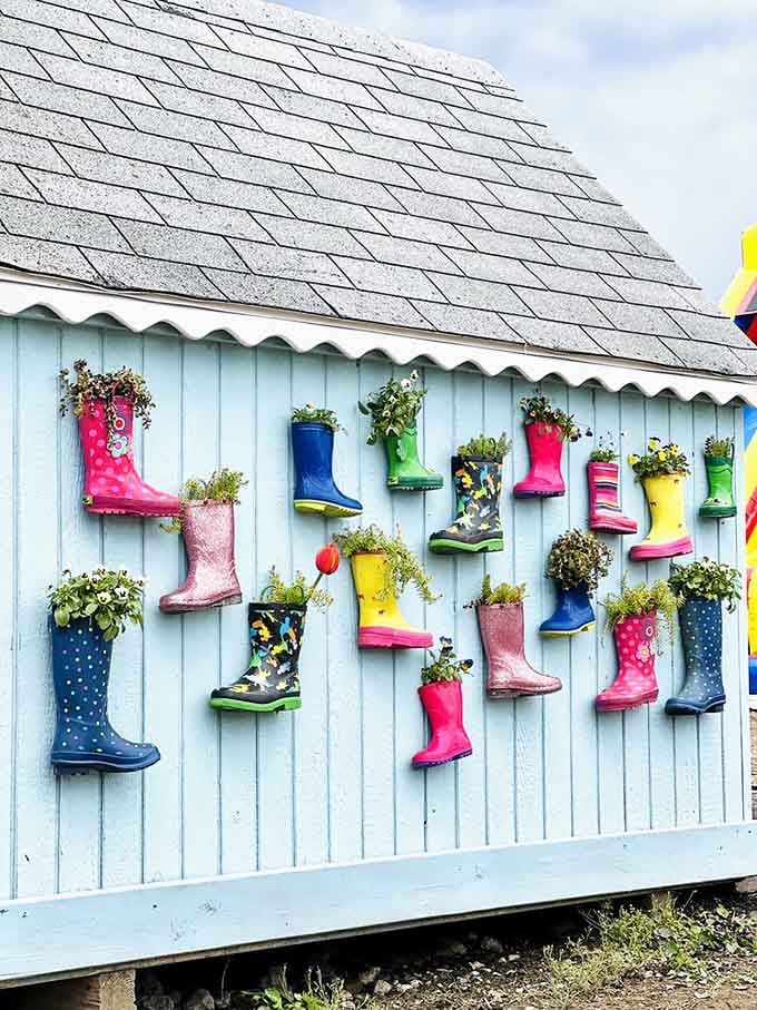 Rain boots transformed into planters on a mint-green wall: the kind of whimsical creativity that makes you smile involuntarily.
