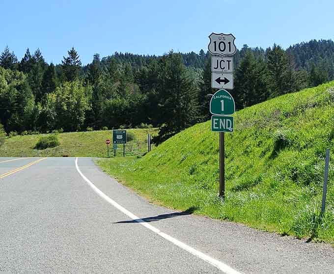 Where the legendary highway takes its final bow among redwoods, ending on a high note.