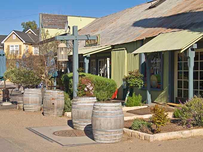 Wine barrels welcome visitors to Los Olivos, where tasting rooms outnumber traffic lights by a comfortable margin.