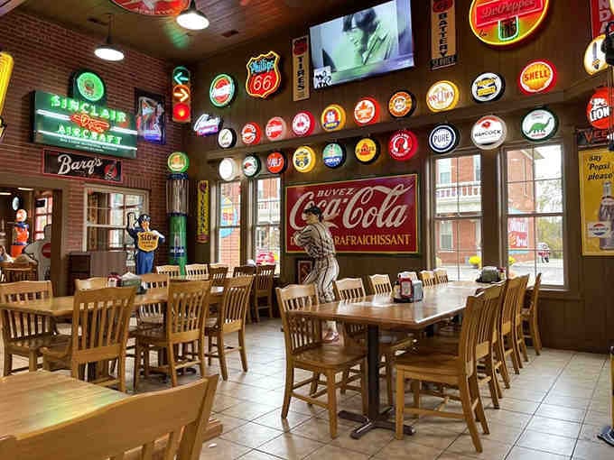 Another angle of this memorabilia-packed interior reveals why some restaurants are destinations, not just places to grab a quick bite.