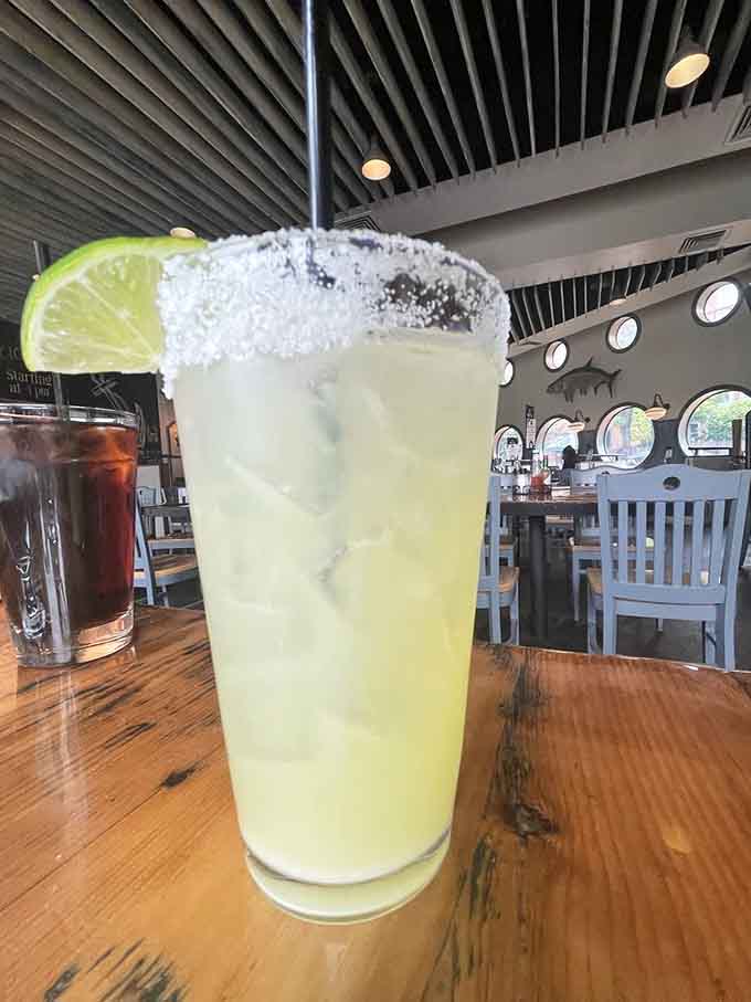 A margarita with a salt rim big enough to see from space. This drink means serious business and serious refreshment.