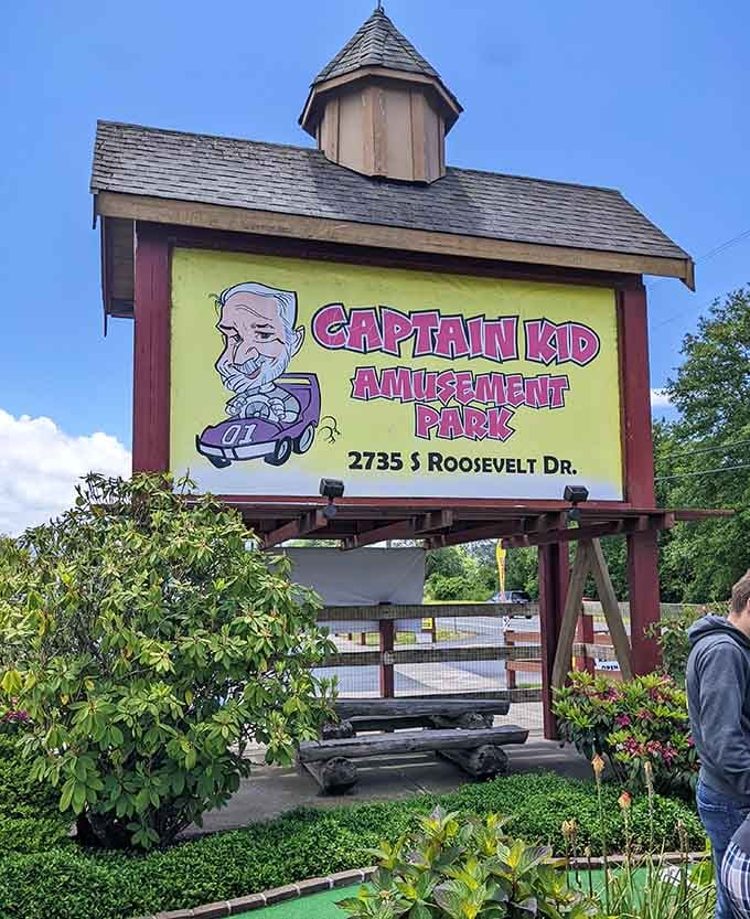 The entrance sign towers proudly, announcing Captain Kid's presence with cheerful colors and unmistakable coastal charm.