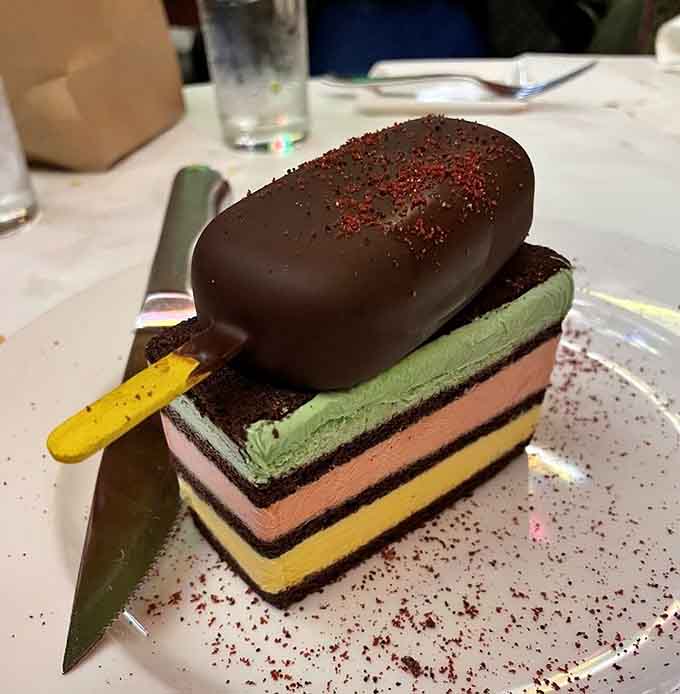When ice cream cake gets this fancy, you realize dessert isn't just a course, it's an architectural achievement worth photographing extensively.