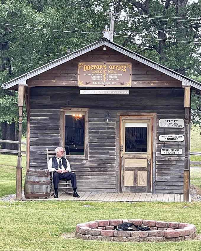 The Doctor's Office stands ready with its weathered wood exterior, though modern medicine thankfully replaced those frontier remedies long ago.