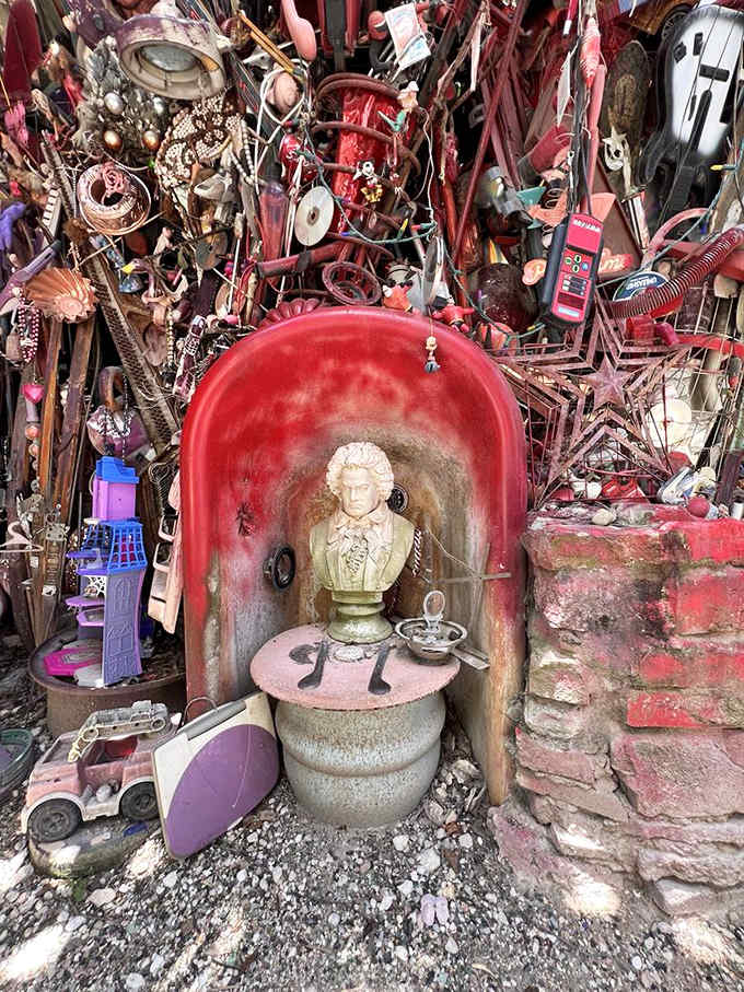 Even classical busts find new purpose here, proving that high art and junk art aren't so different.