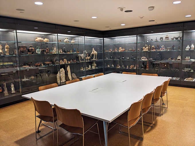 Floor-to-ceiling cases showcase ancient artifacts, transforming a study room into a time traveler's personal library.