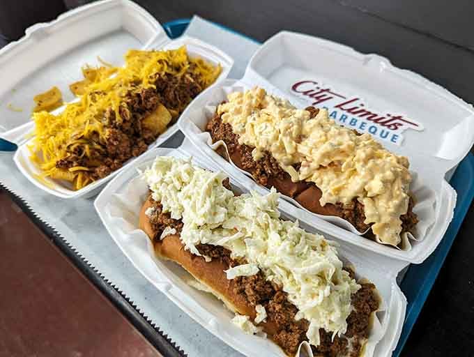 Even the hot dogs get the royal treatment here, topped with all the fixings a proper barbecue joint demands.